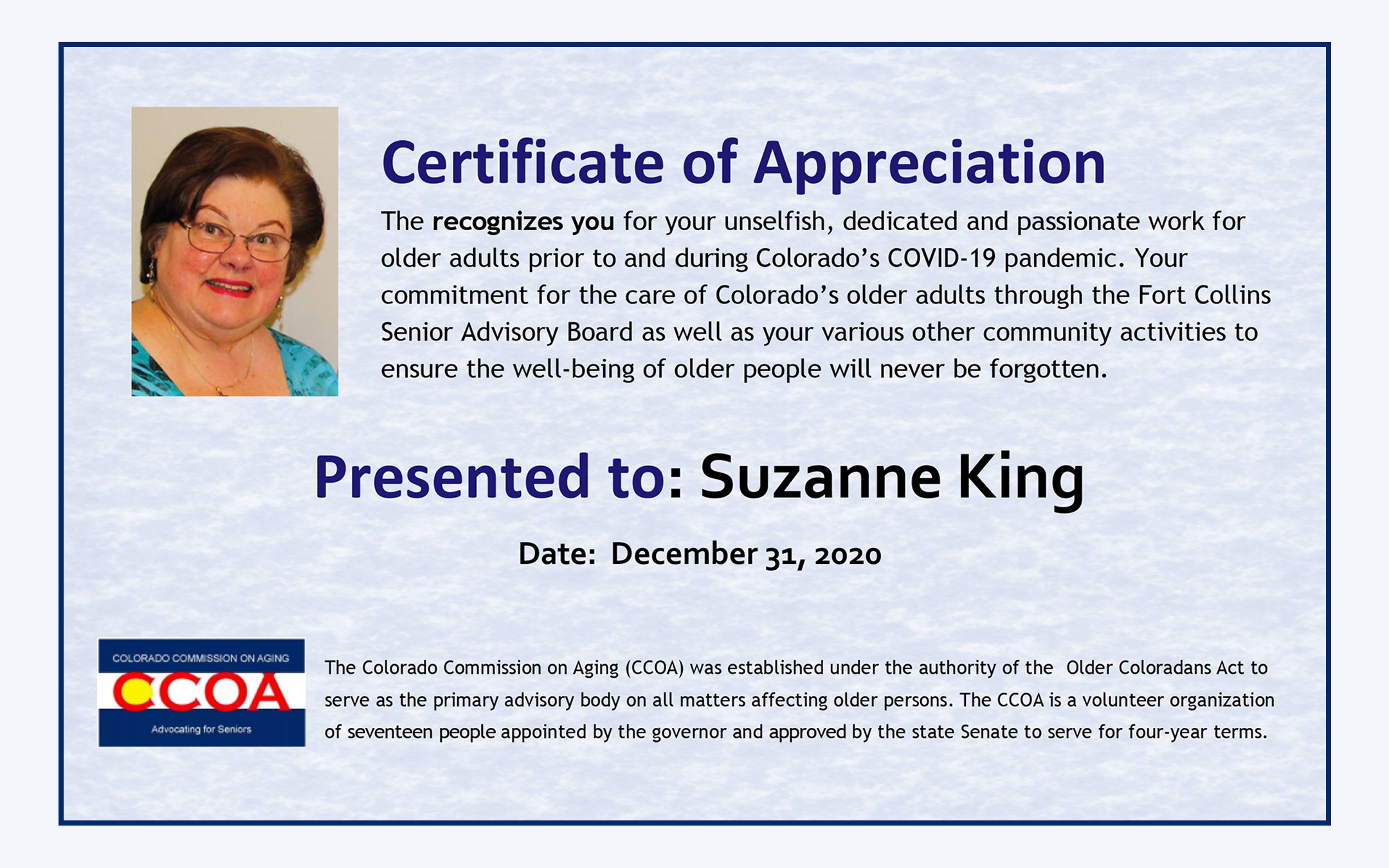 Associate Suzanne King Lauded for Volunteer Work - Sisters of Charity ...